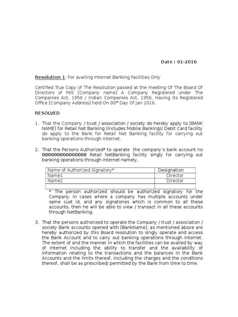 Board Resolution Format Online Banking Banks And Banking