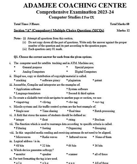 Education Is The Key To Success Computer Science I For Class Ix Comprehensive Examination