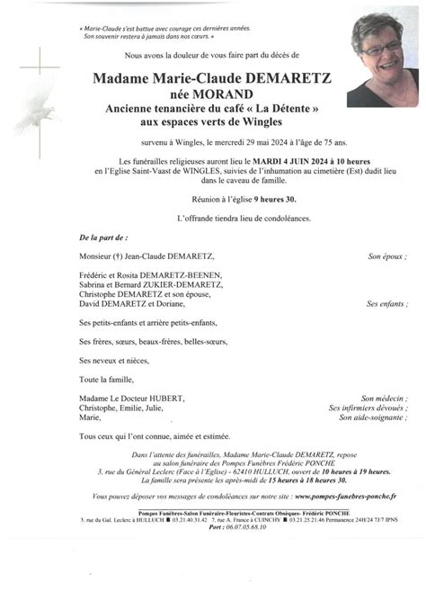 Madame Marie Claude Demaretz NÉe Morand Pompes Funebres Ponche Frédéric