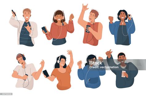 헤드폰과 이어폰을 착용한 행복한 젊은이들 음악과 Mp3 플레이어와 스마트 폰으로 춤을 듣고 소년을 소녀 흰색 배경에 격리 된 플랫 만화 캐릭터 세트 듣기에 대한 스톡 벡터