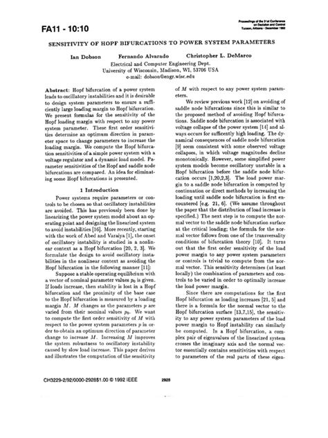 Sensitivity Of Hopf Bifurcations To Power System Parameters Pdf