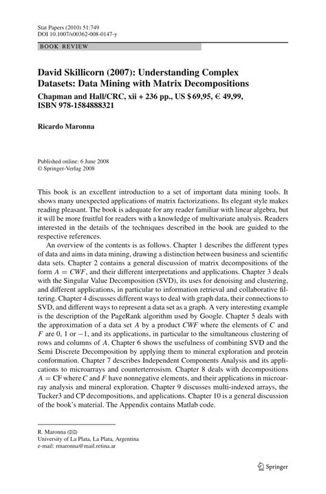 Pdf David Skillicorn 2007 Understanding Complex Datasets Data