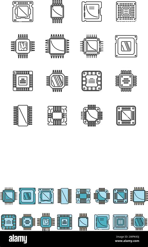 Processor Icons Set Outline Vector Central Computer Card Electronic