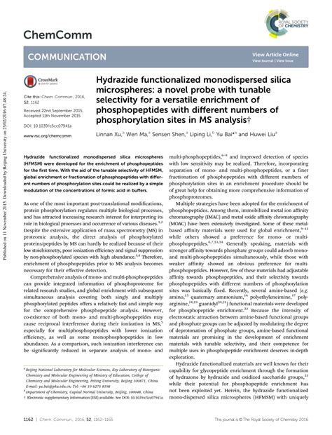 Pdf Hydrazide Functionalized Monodispersed Silica Microsphere A Novel Probe With Tunable