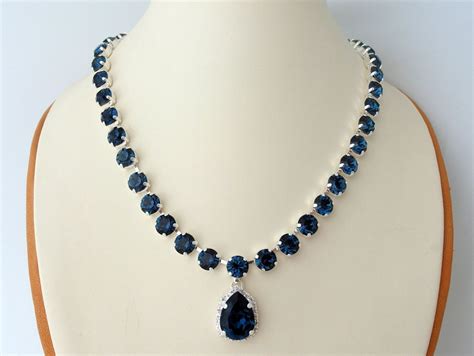 Navy Blue Crystal Necklace Sapphire Choker Bridal Necklace Etsy