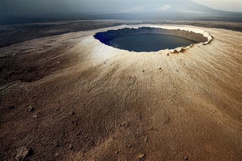 Large Impact Crater Filled With Water On A Barren Landscape Stock
