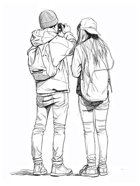 A Black And White Drawing Of Two People Wearing Jackets Premium Ai