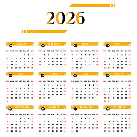 노란색과 검은색이 있는 2026년 달력 벡터 달력 2026년 달력 연간 달력 Png 일러스트 및 벡터 에 대한 무료