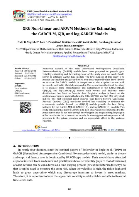 pdf grg non linear and arwm methods for estimating the garch m gjr