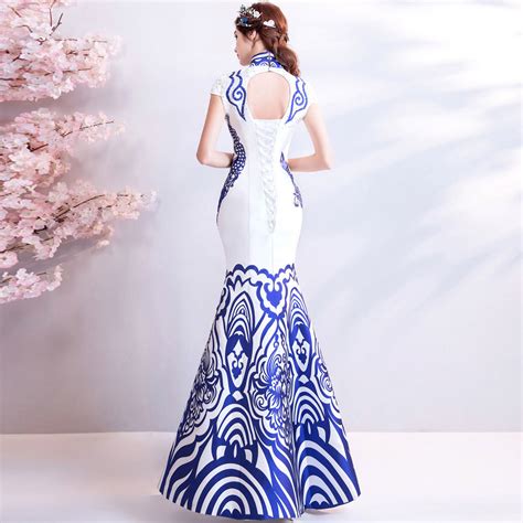 Dragons Pattern Mandarin Collar Mermaid Cheongsam Chinese Style Weddin