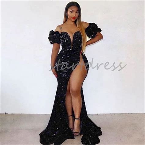 Luxe Plus Size Black Sequin African Mermaid Discount Evening Gowns With
