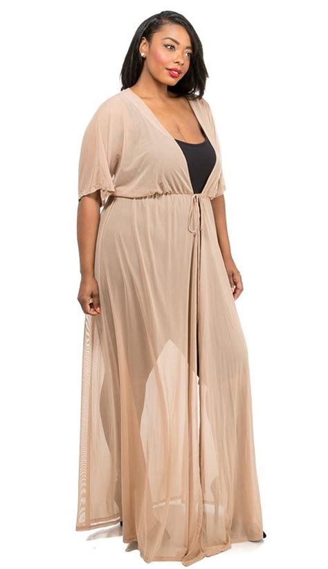 Plus Size Sheer Mesh Maxi Duster Nude