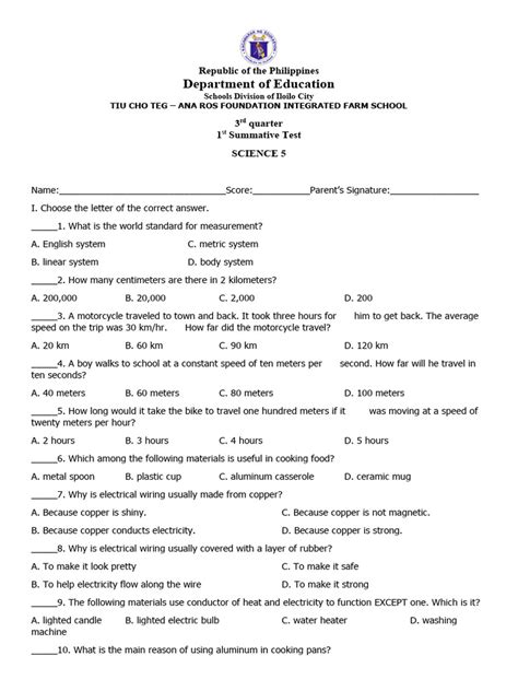 3rd Summative Test No 1 Science 5 Pdf Electrical Conductor Water