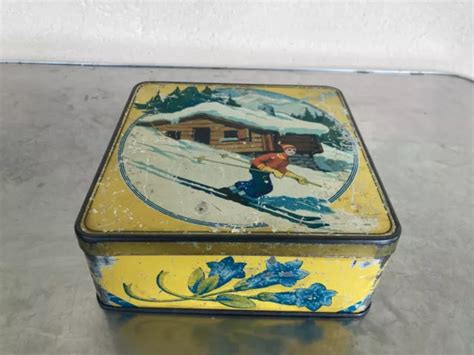 ANCIENNE BOITE TOLE Lithographiee Biscuits Brun Decor Ski Sports D Hiver EUR PicClick FR