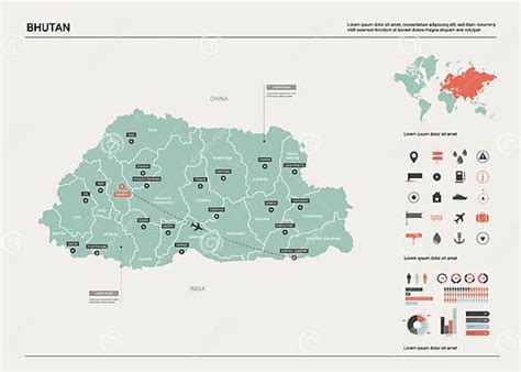 不丹的传染媒介地图 与分裂、城市和首都廷布的高详细的国家地图 政治地图，世界地图，infographic 向量例证 插画 包括有 分级显示