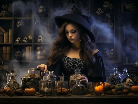 Premium Ai Image Witch In Dark And Mystical Potion Rooma Surrounded
