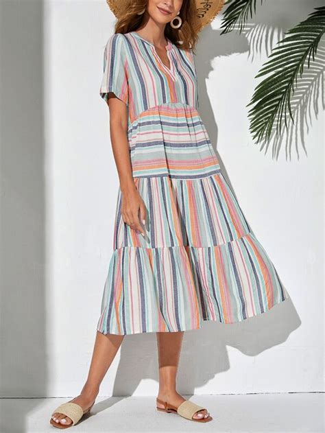 SHEIN VCAY Striped Notched Neck Smock Dress SHEIN USA