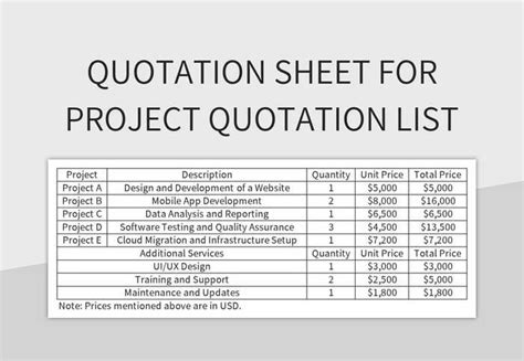 Project Quotation List Template For Efficient Quoting Excel Template