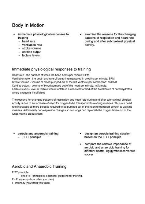 Pdhpe Revision Term 2 Exam Body In Motion Immediate Physiological