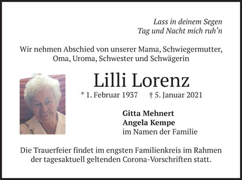 Traueranzeigen Von Lilli Lorenz Trauer Merkur De