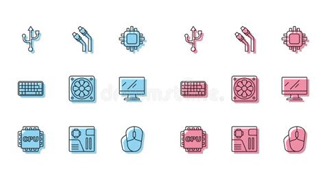 Set Line Processor With Cpu Motherboard Digital Chip Usb Computer Mouse Cooler Monitor