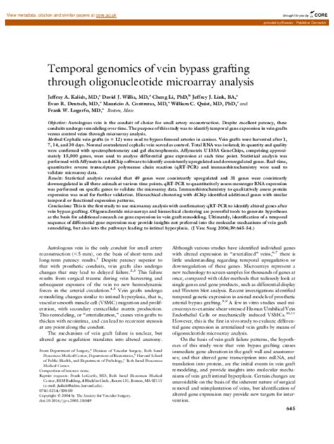 Pdf Temporal Genomics Of Vein Bypass Grafting Through Oligonucleotide Microarray Analysis