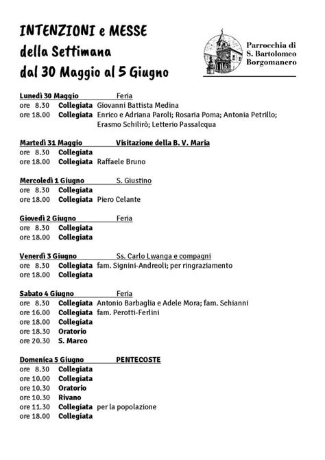 Intenzioni E Messe 30 Maggio 5 Giugno 2022 Parrocchia Di San