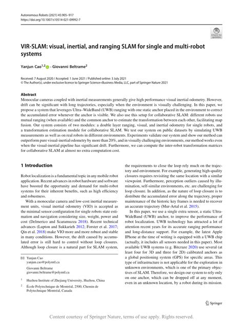 VIR SLAM Visual Inertial And Ranging SLAM For Single And Multi Robot Systems Request PDF