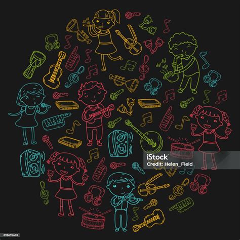 음악 학교 아이 들 벡터 일러스트 어린이 대 한 노래를 노래 연주 악기 유치원 낙서 아이콘 컬렉션 아이 들 음악 레슨에 대 한 그림 2 3 살에 대한 스톡 벡터 아트 및