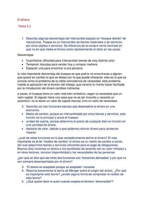 MONEDA Y BANCA EL DINERO CUESTIONARO El Dinero Tarea 1 Describa