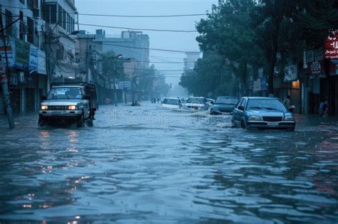 Urban Flooding After Heavy Rain With Cars Submerged On A Residential