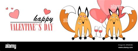 Wide Cute Banner For Valentines Day Funny Foxes With Balloons Hearts