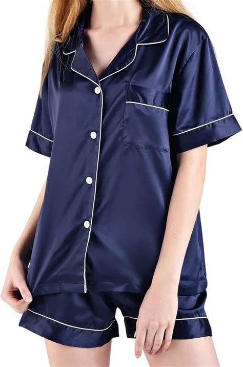 Conjuntos De Pijamas Manga Corta Abotonar Loungewear Sedoso Mujer Ropa
