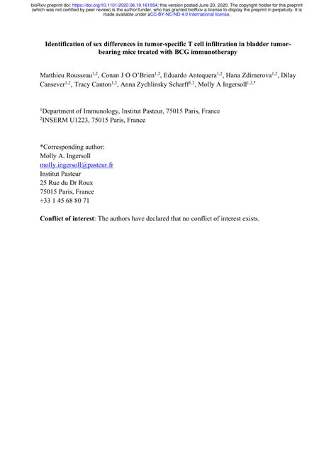 Pdf Identification Of Sex Differences In Tumor Specific T Cell Infiltration In Bladder Tumor