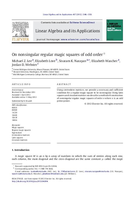 Pdf On Nonsingular Regular Magic Squares Of Odd Order