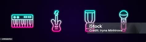 세트 라인 음악 신디사이저 일렉트릭 베이스 기타 아프리카 젬베 드럼 및 마이크 빛나는 네온 아이콘입니다 벡터 0명에 대한 스톡 벡터 아트 및 기타 이미지 Istock