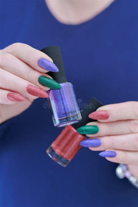 Beautiful Woman S Hands With Long Nails And Multi Colored Manicure