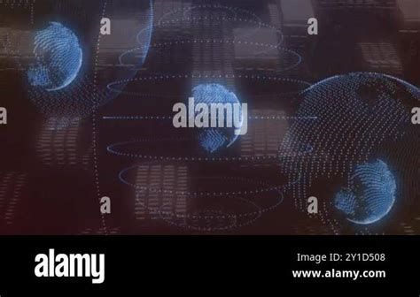 rotating rings and binary code animation over digital earth with