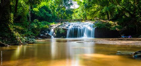 Beautiful Waterfall Mae Sa Thailand Fresh And Pure Water Stream Is Flowing On The Rock Stone