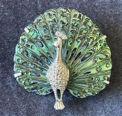 Vintage Peacock Bird Abalone Brooch Pin Paua Shell Si… Gem