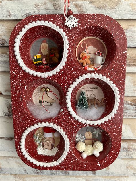 Primitive Merry Christmas Vignette Assemblage Upcycled Muffin Tin Snow