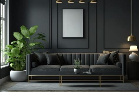 Premium AI Image Luxurious Dark Living Room With Gray Sofa Mockup