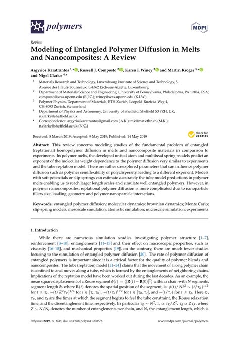 Pdf Modeling Of Entangled Polymer Diffusion In Melts And Nanocomposites A Review