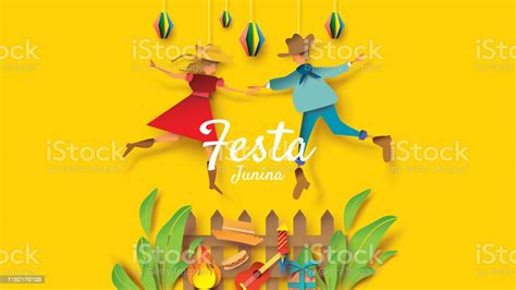 파티 플래그와 종이 랜 턴과 종이 예술 및 평면 스타일에 페 스타 Junina 축제 디자인 인사말 카드 초대장 또는 휴일