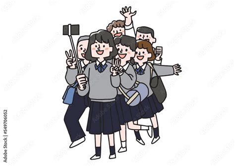 修学旅行ではしゃいで写真を撮る生徒たちのイラスト Stock Vector Adobe Stock