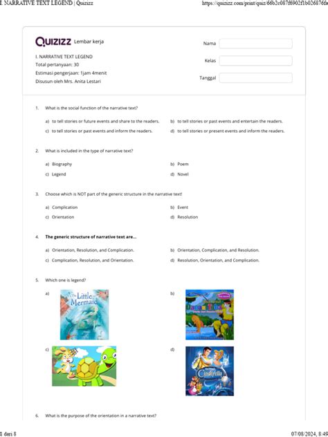 I Narrative Text Legend Quizizz Edit Pdf
