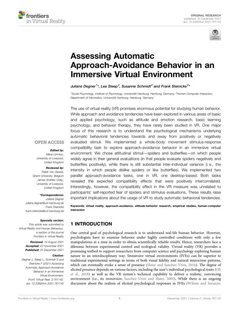 Pdf Assessing Automatic Approach Avoidance Behavior In An Immersive Virtual Environment