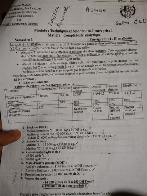 Comptabilité Analytique Exam 1 S3 Fsjes La Faculté Des Sciences