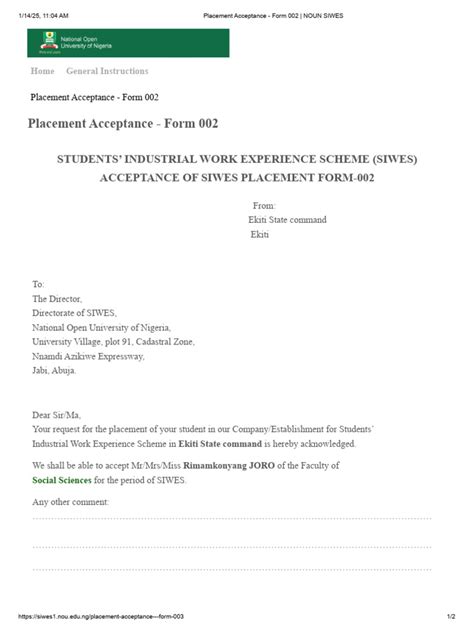 Placement Acceptance Form 002 Noun Siwes Pdf