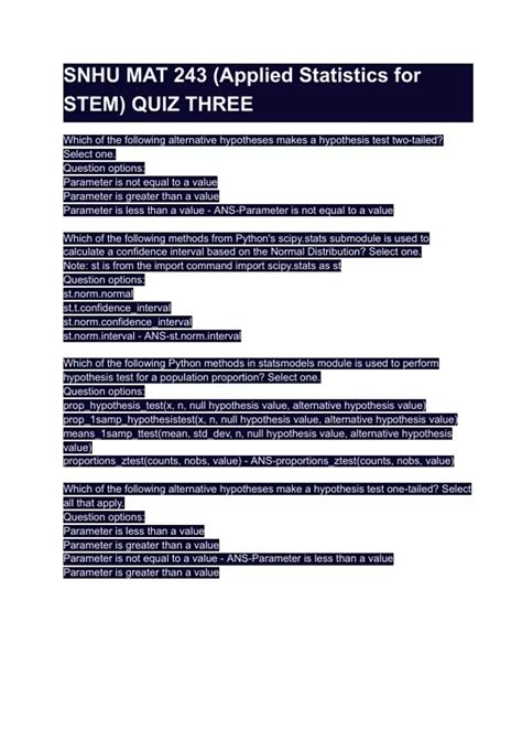 Snhu Mat 243 Applied Statistics For Stem Quiz Three Questions With